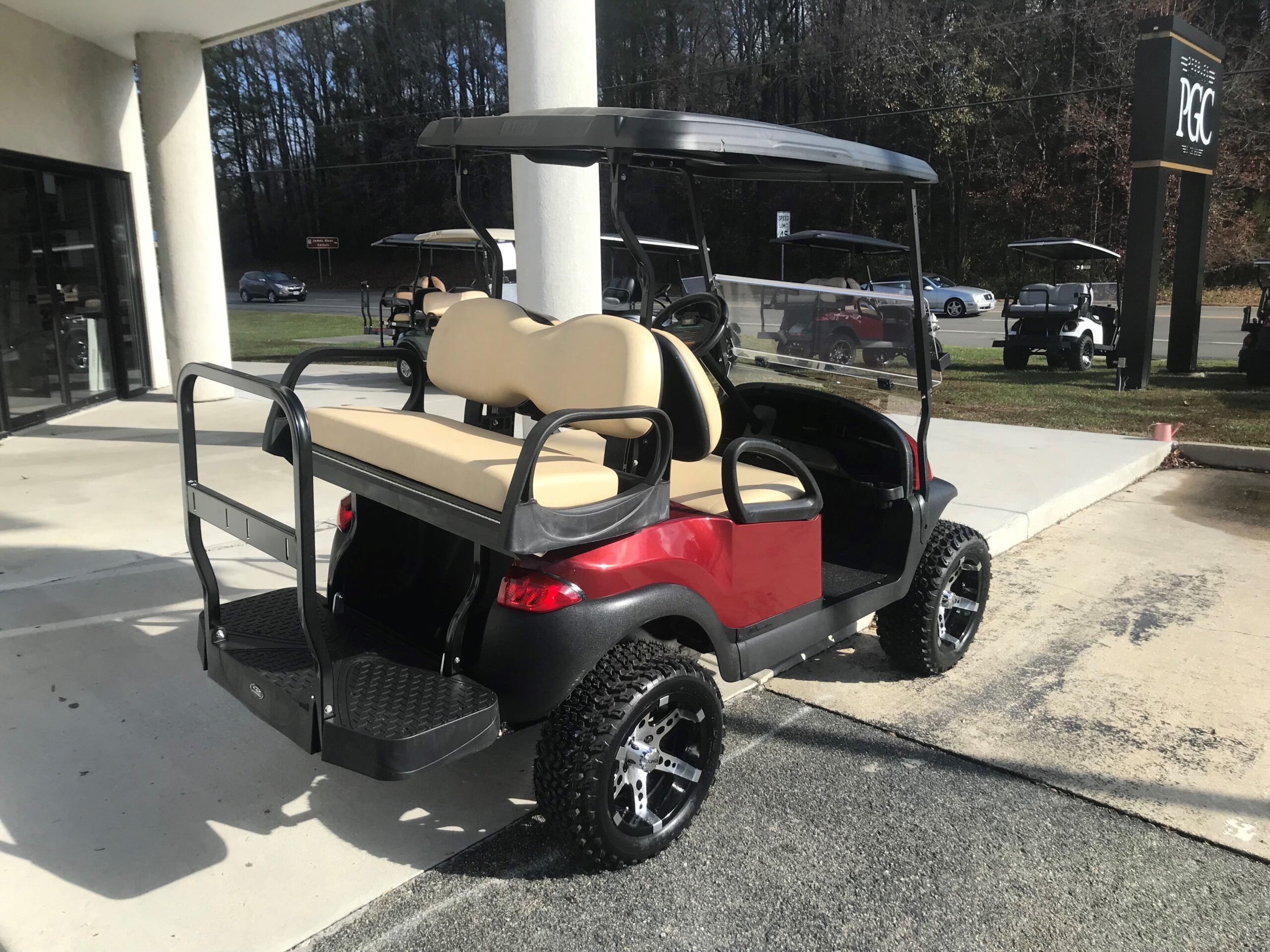 2019 Club Car 4-pass Lifted Electric Golf Car- Burgundy | Peebles Golf Cars